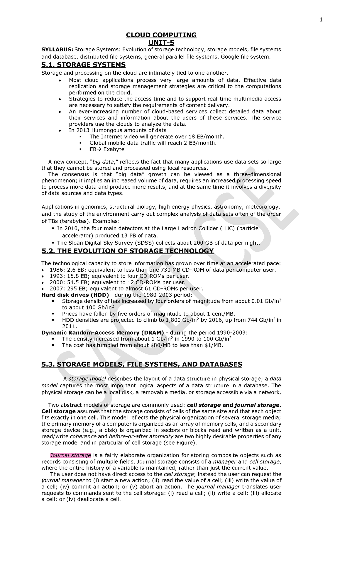 UNIT-5 - JNTUK R20 CLOUD COMPUTING UNIUT-5 - CLOUD COMPUTING UNIT- 5 SYLLABUS: Storage Systems ...