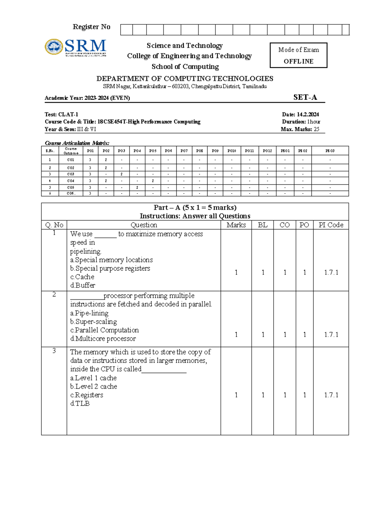 Hpc Ct1 Set A Qp Register No Srm Institute Of Science And Technology College Of Engineering