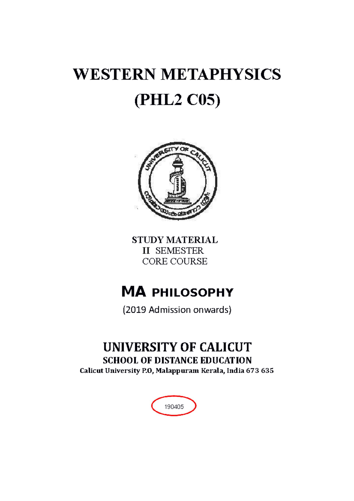 PHL2C05 - MA philosophy easy studyaterial - WESTERN METAPHYSICS (PHL2 ...