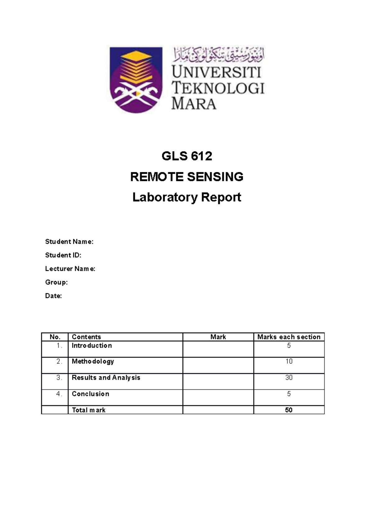GLS612 Report 1 - GLS 612 REMOTE SENSING Laboratory Report Student Name ...