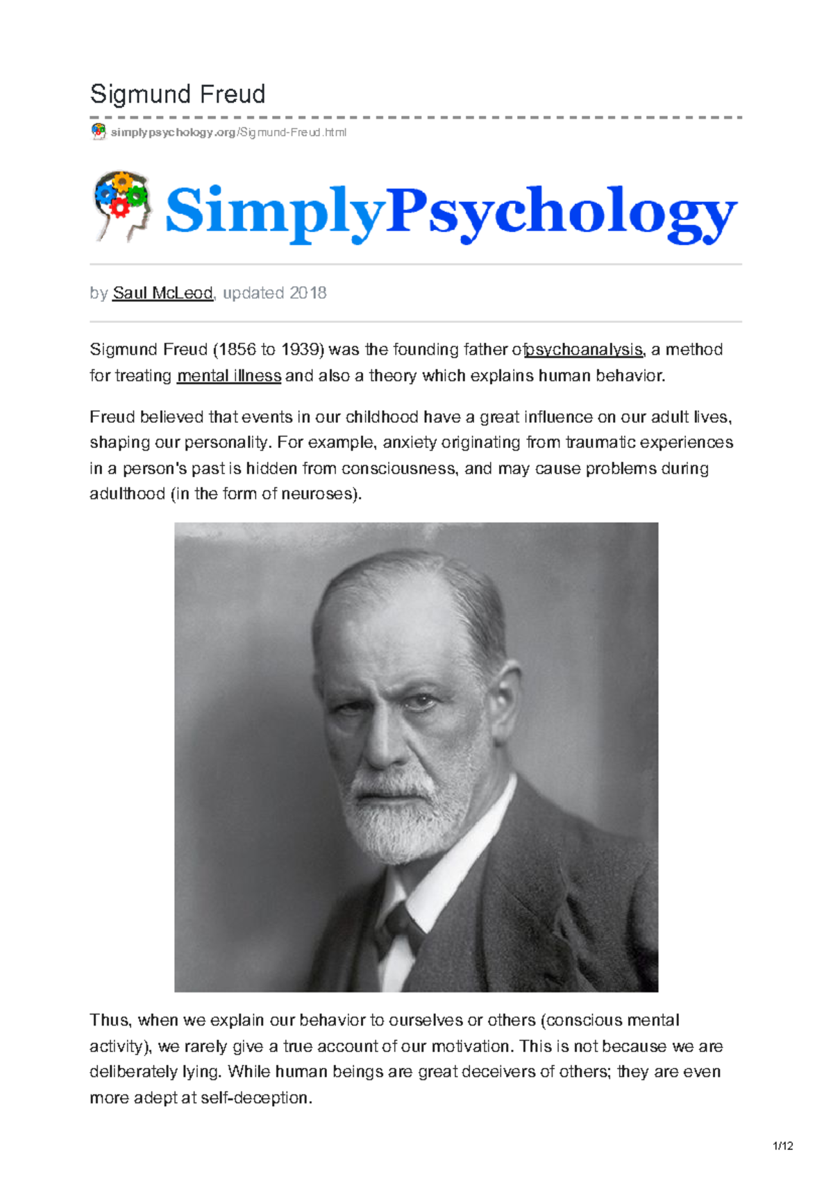 Simplypsychology - Lecture notes all - Sigmund Freud Saul McLeod ...