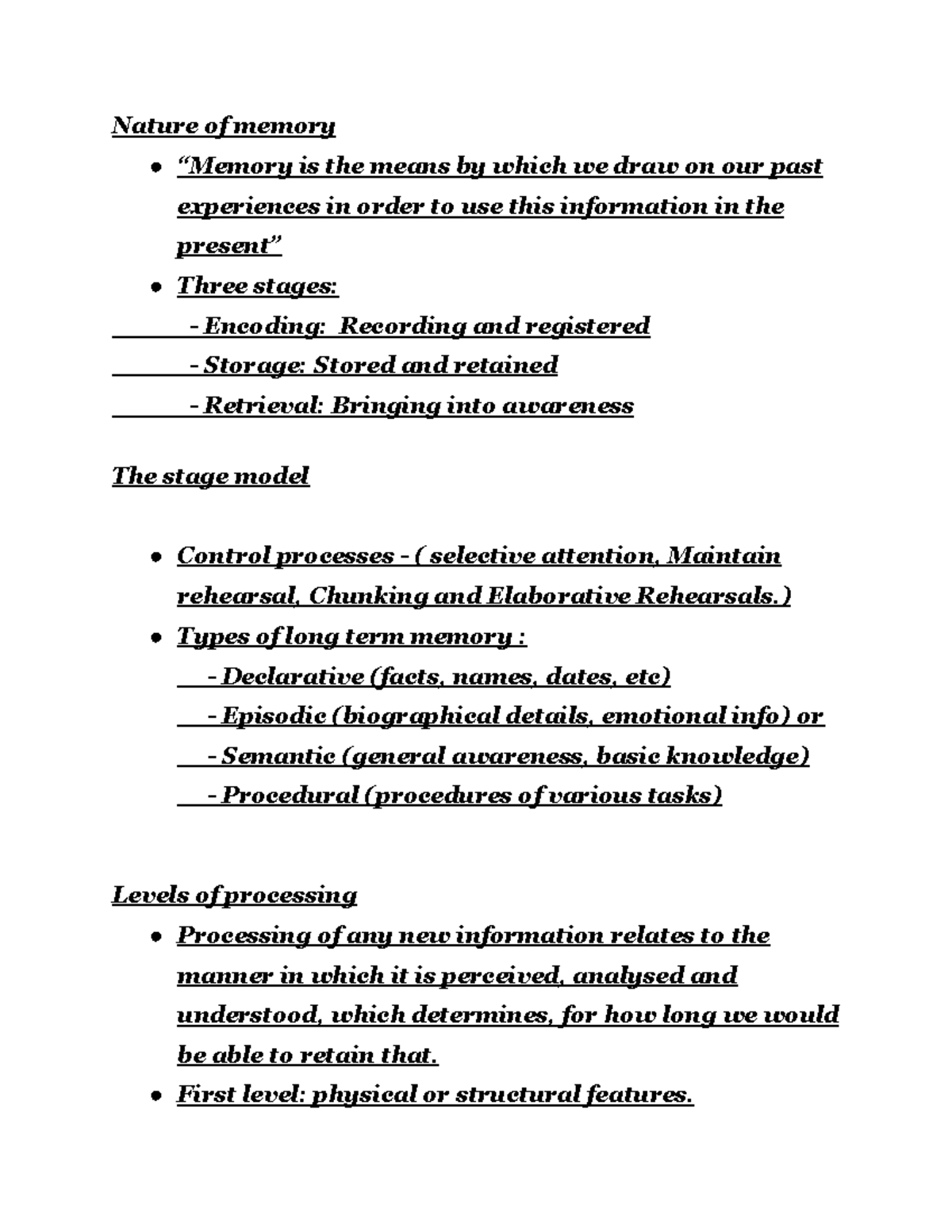 in class lecture notes - Nature of memory “Memory is the means by which ...