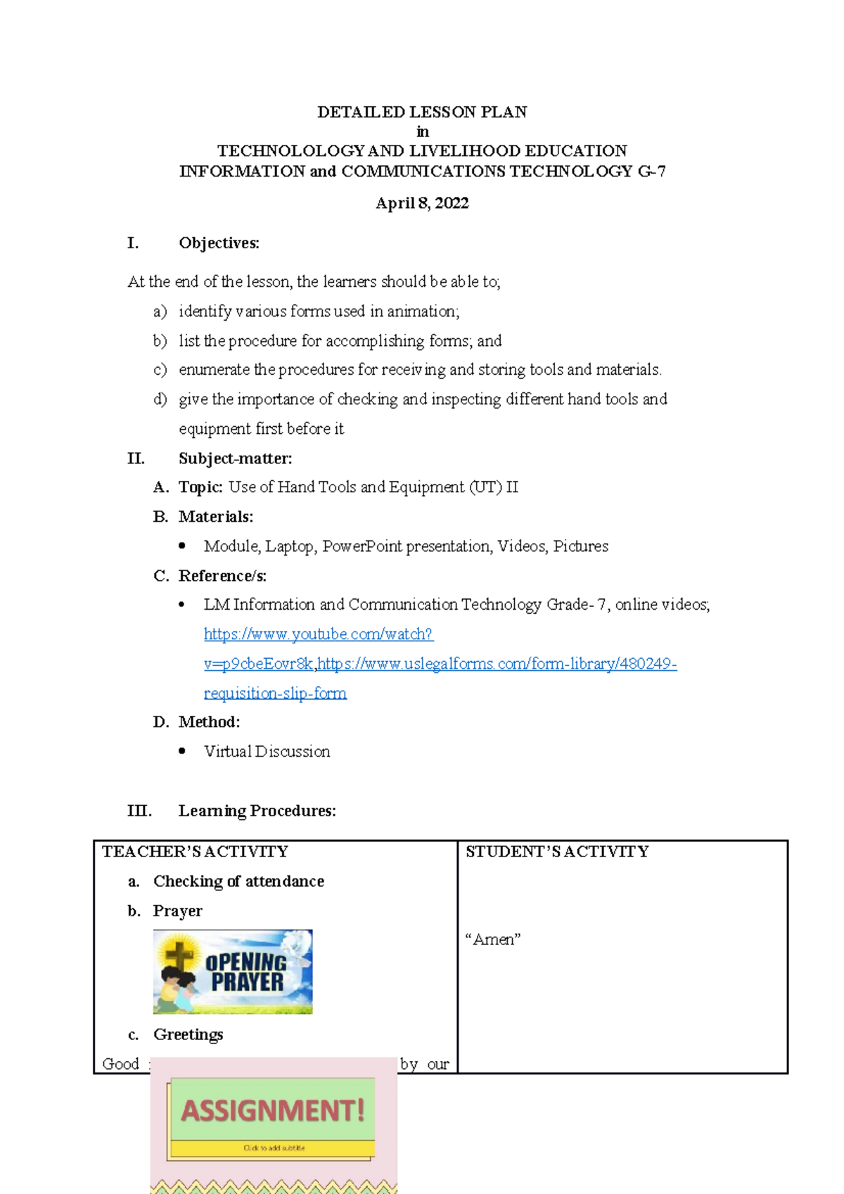 Lesson Plan #5Final - DETAILED LESSON PLAN in TECHNOLOLOGY AND ...