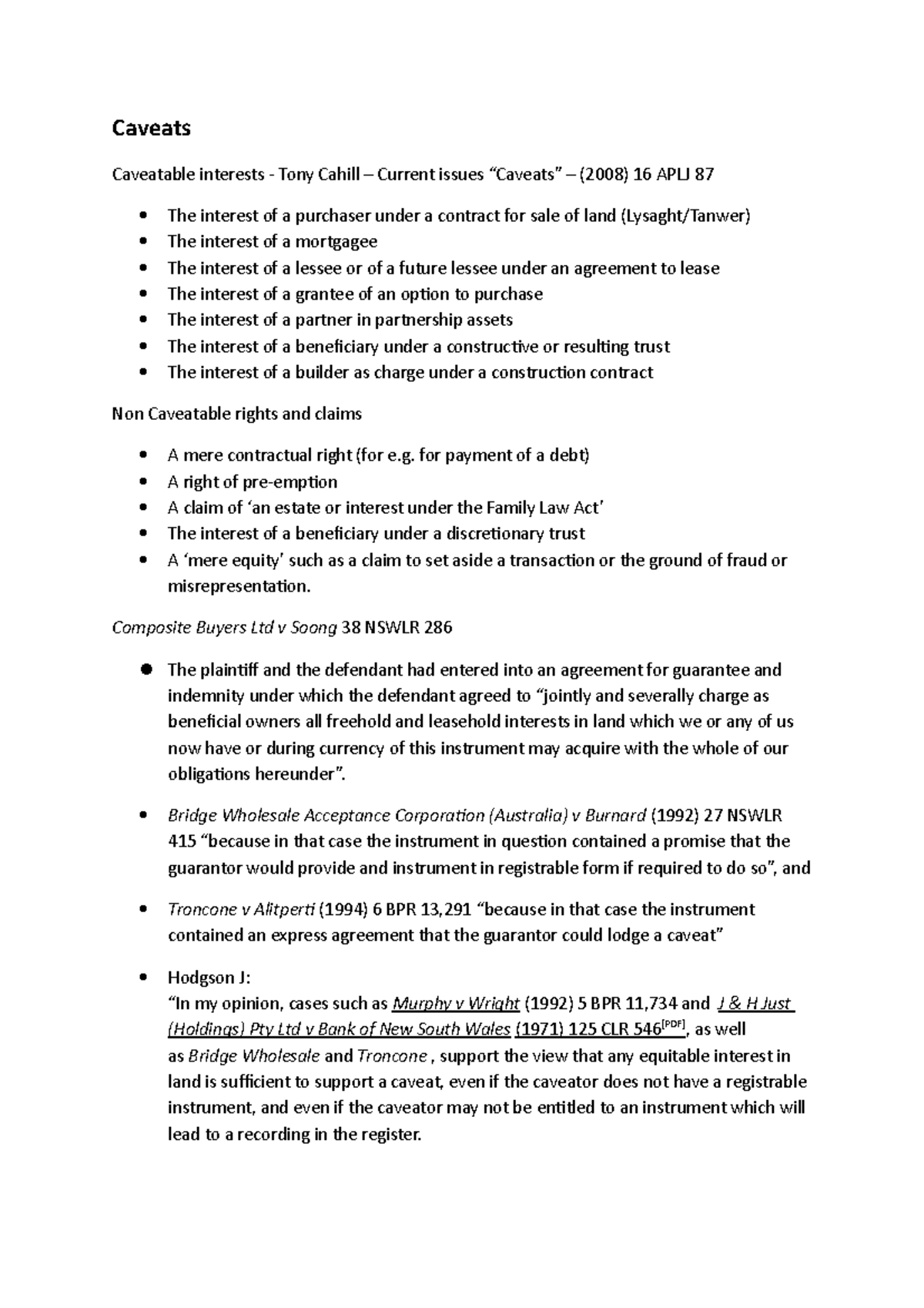 Caveats - notes - Caveats Caveatable interests - Tony Cahill – Current ...