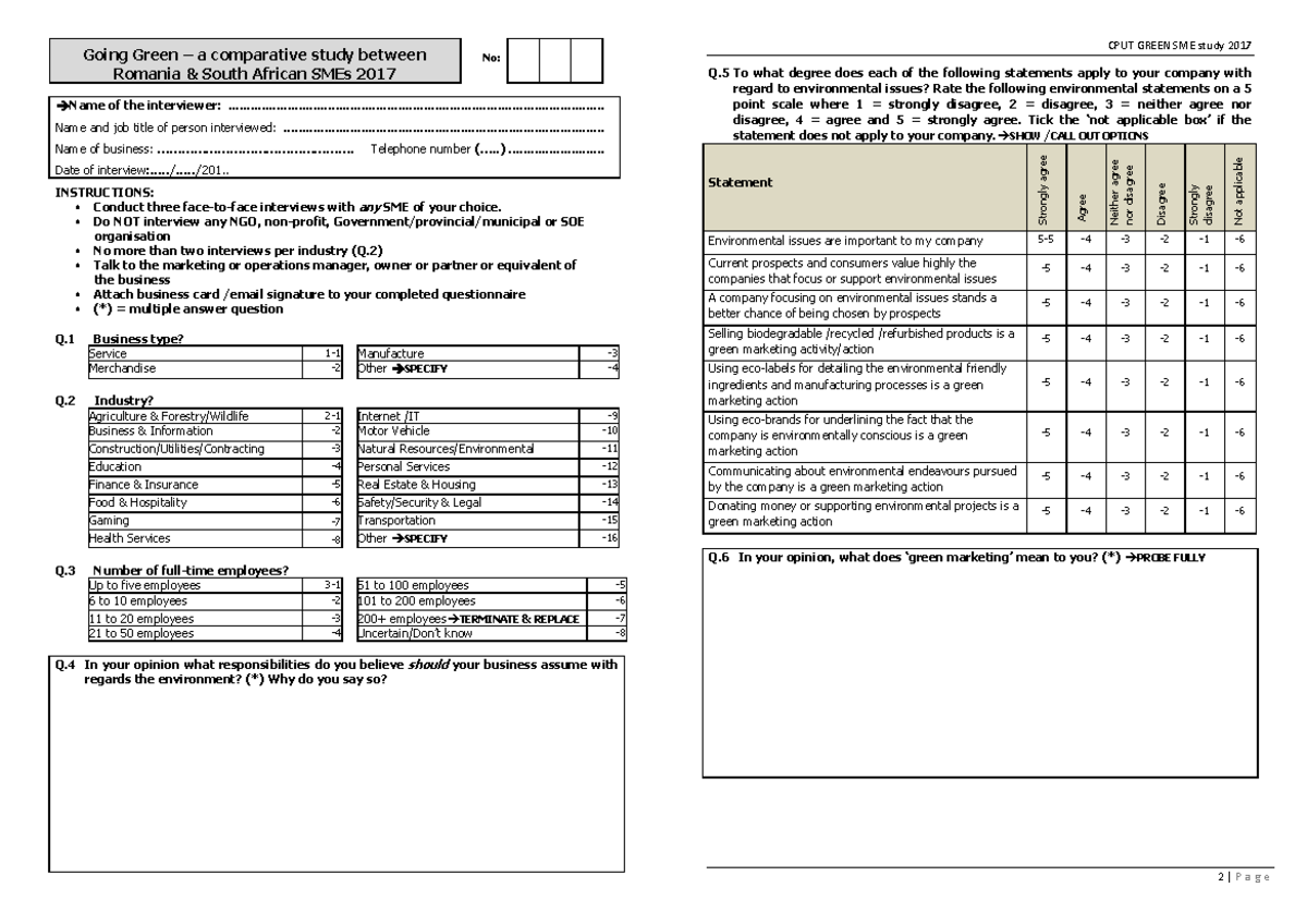 Marketing Research Going green-SMES questionnaire Final - Going Green ...