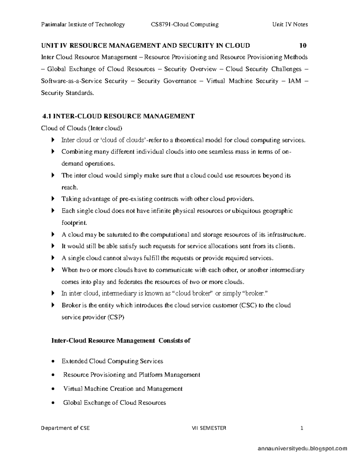 Ilide - Cloud computing notes - Department of CSE VII SEMESTER 1 UNIT ...
