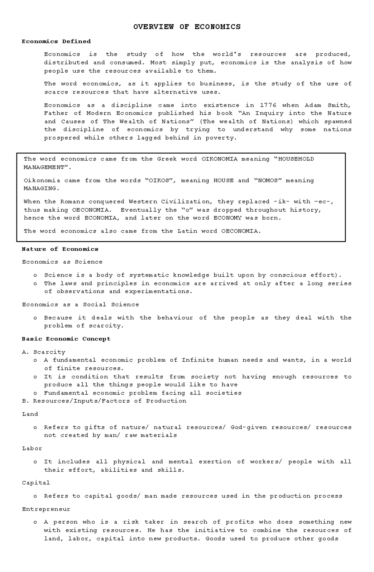 01 Overview of Economics - OVERVIEW OF ECONOMICS Economics Defined ...