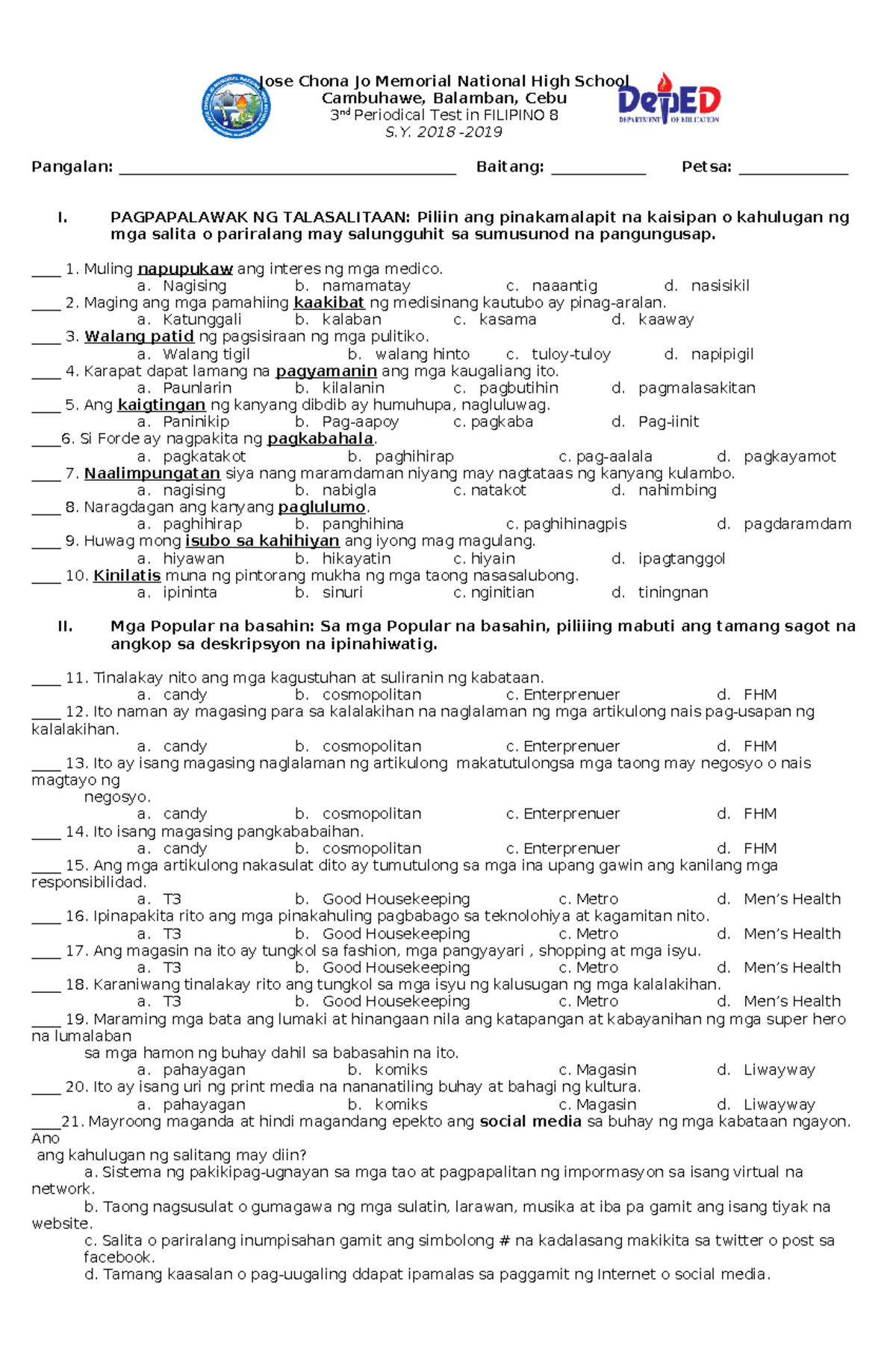 420645978 Filipino 8 Test Paper - Jose Chona Jo Memorial National High ...