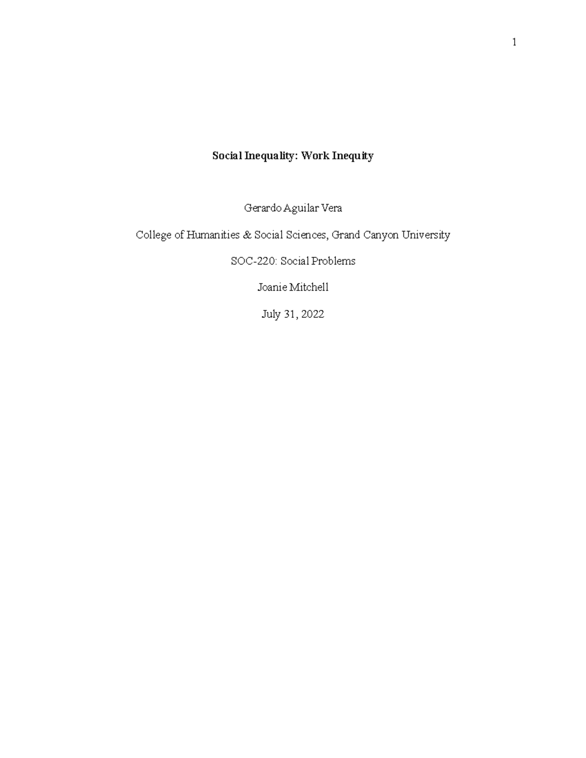 Social Inequality Essay Revised - Social Inequality: Work Inequity ...