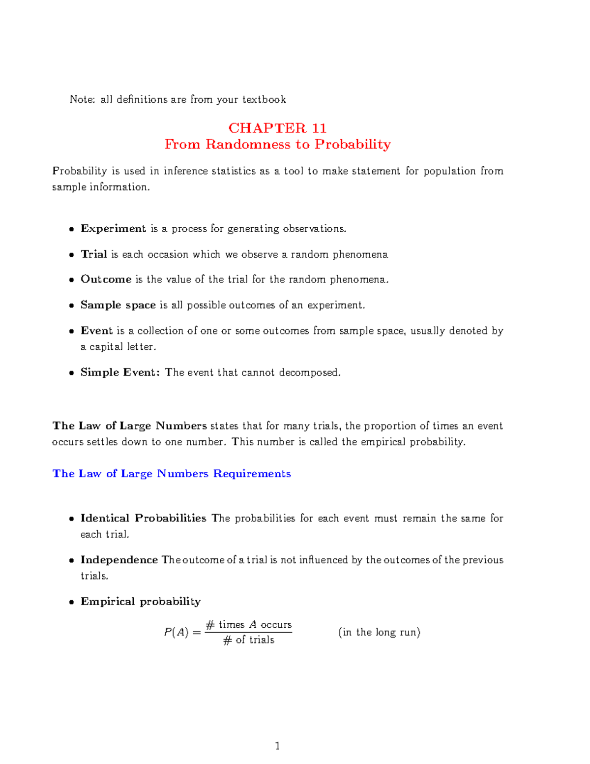 Randomness and probabilty - Note: all definitions are from your textbook CHAPTER 11 From ...
