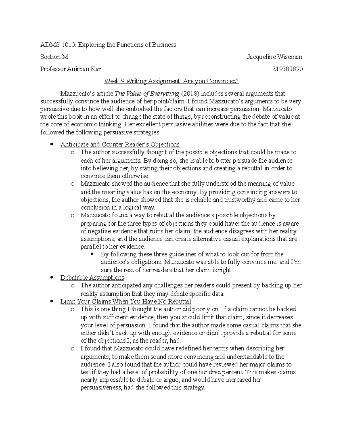 ADMS 1010-Writing Assignement 9-Jacqueline Wiseman - ADMS 1010. Exploring the Functions of ...