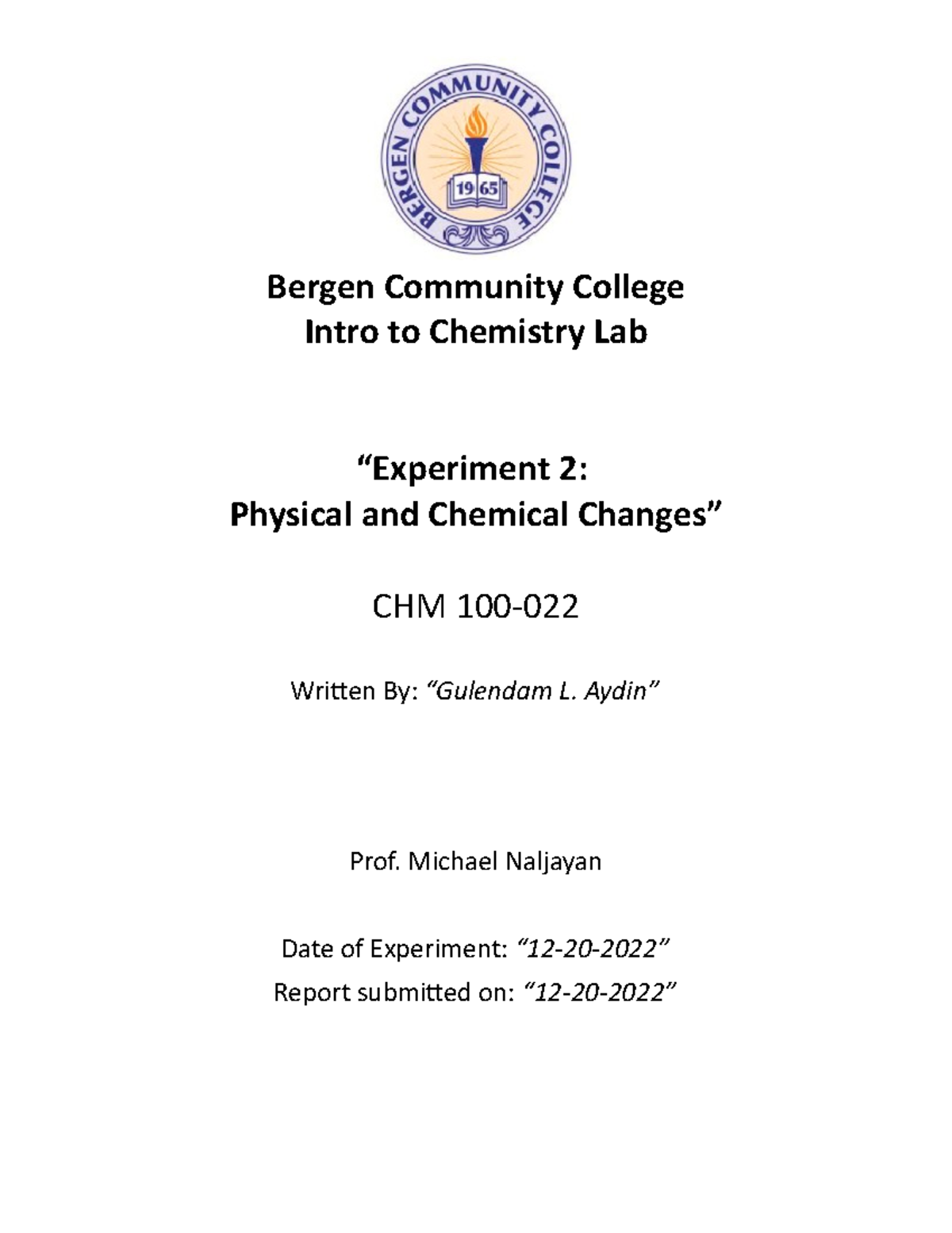 Experiment 2 - chemistry lab - Bergen Community College Intro to ...