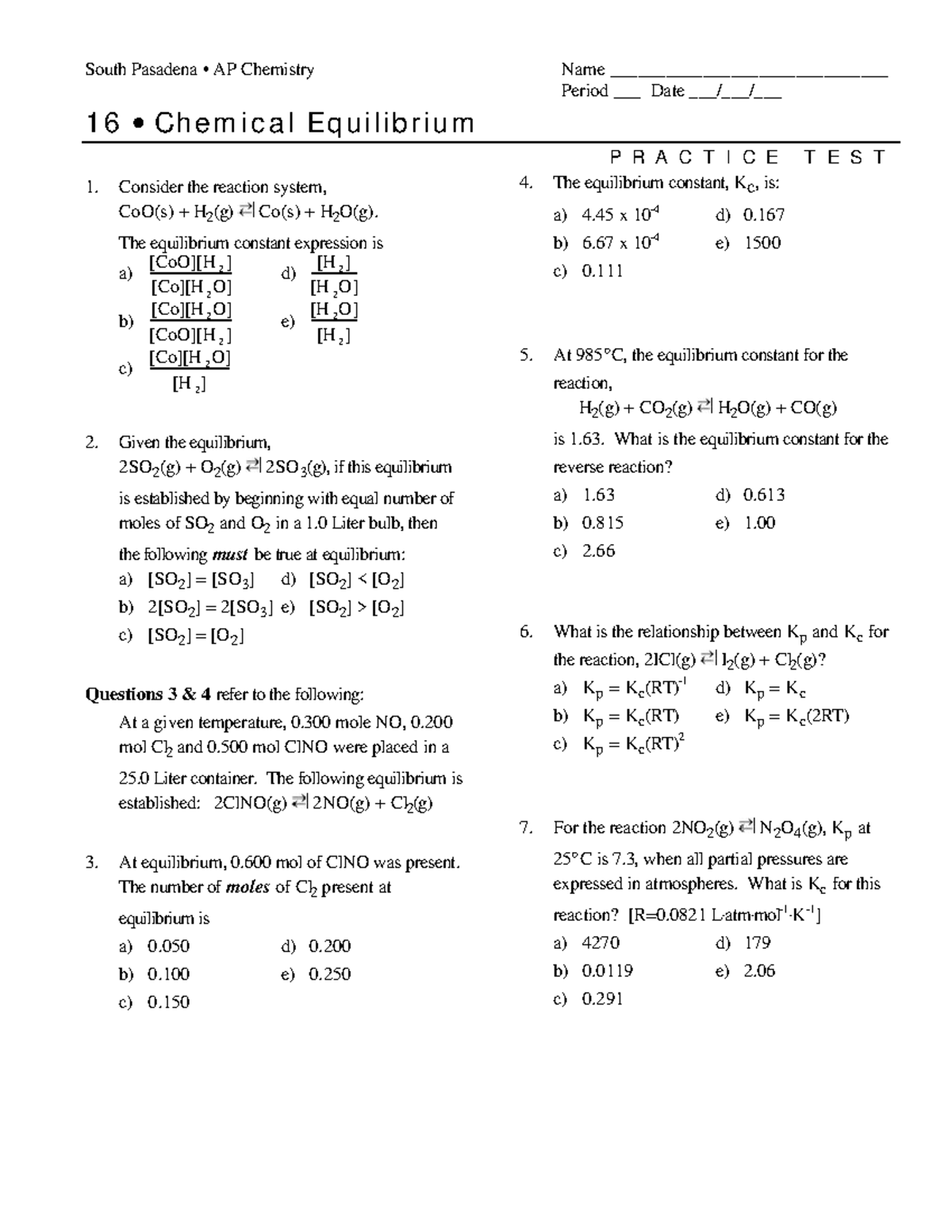 Practice test answers - APchem equilibrium test - South Pasadena • AP ...