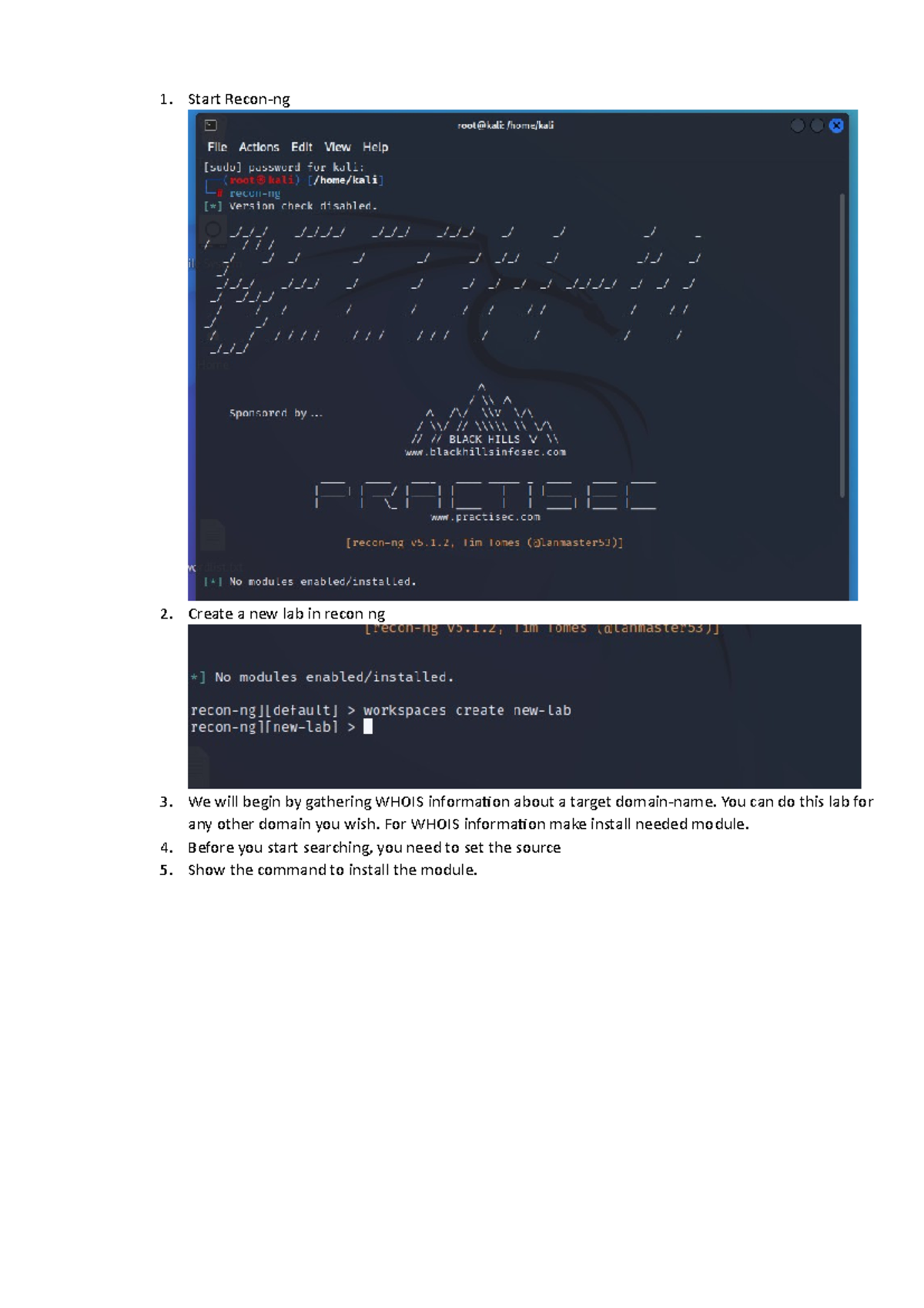 LAB5 Aliya Bokey - zzzz - Start Recon-ng Create a new lab in recon ng We will begin by gathering ...