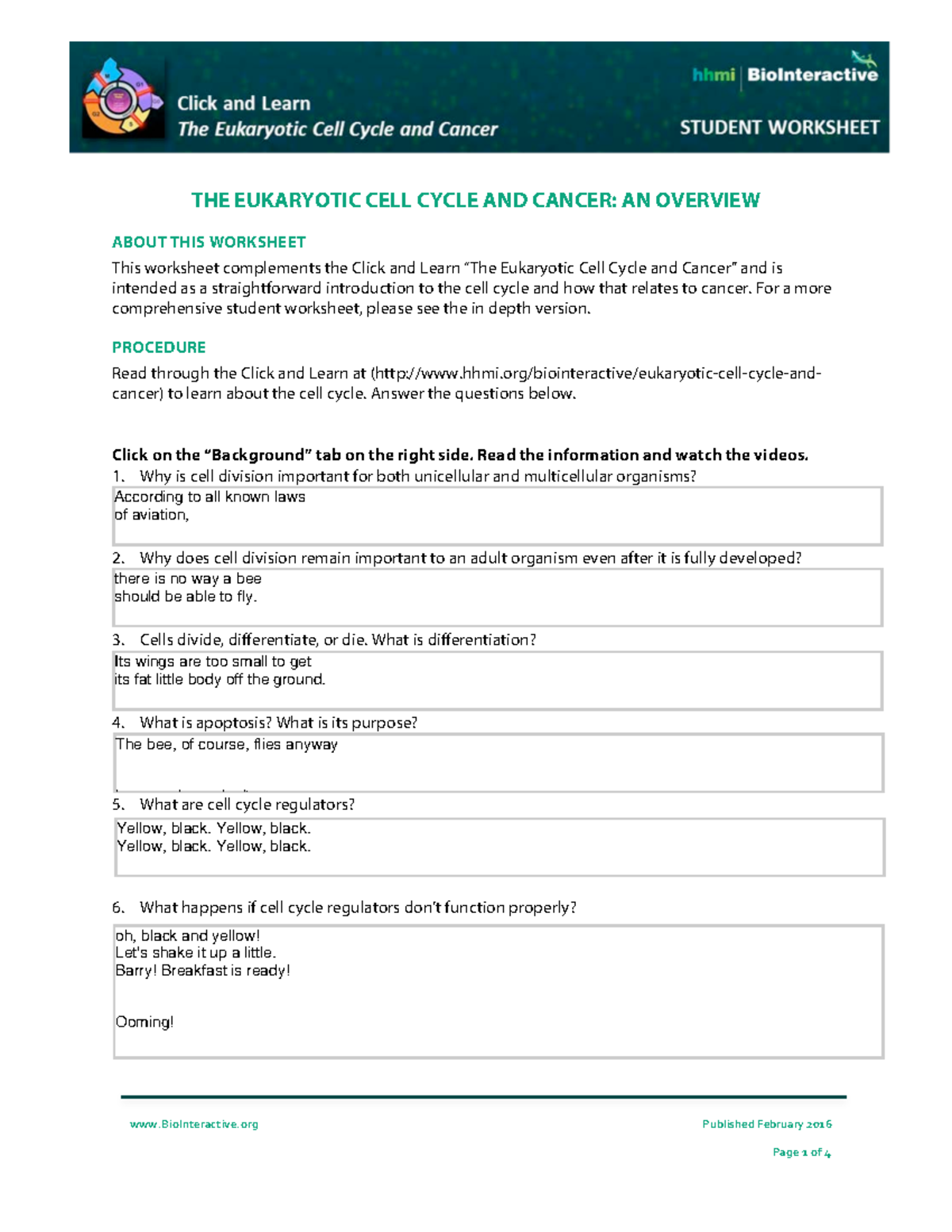 Bio Answers You Can Get For Free - BioInteractive Publ ished February ...