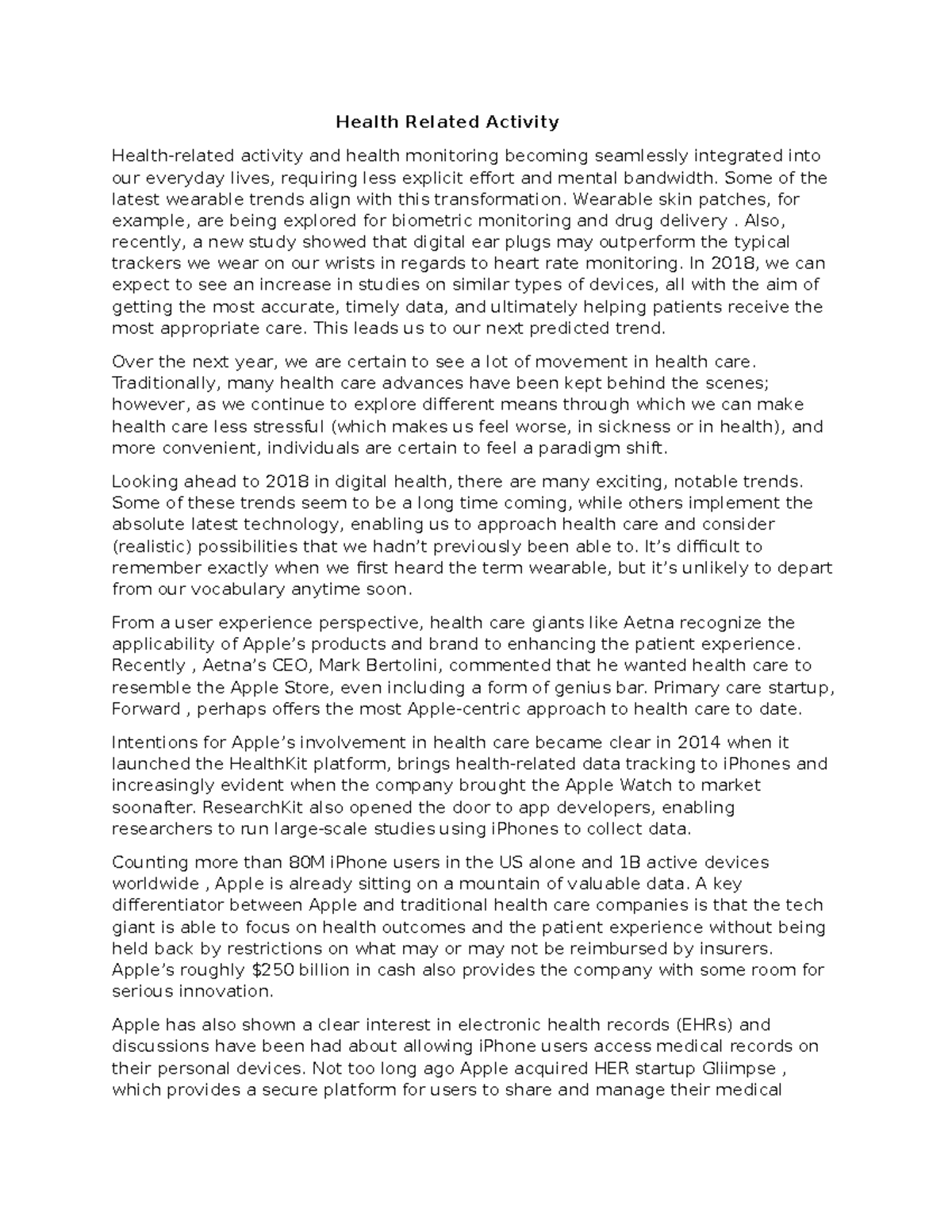 Health Related Activity - Health Related Activity Health-related ...