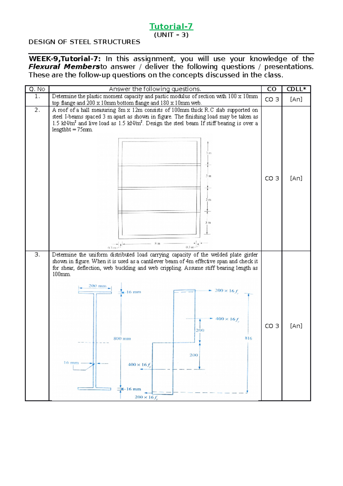 DSS Tutorial 7 - Jdjdjdjd - Tutorial- (UNIT – 3) DESIGN OF STEEL STRUCTURES WEEK-9,Tutorial-7 ...