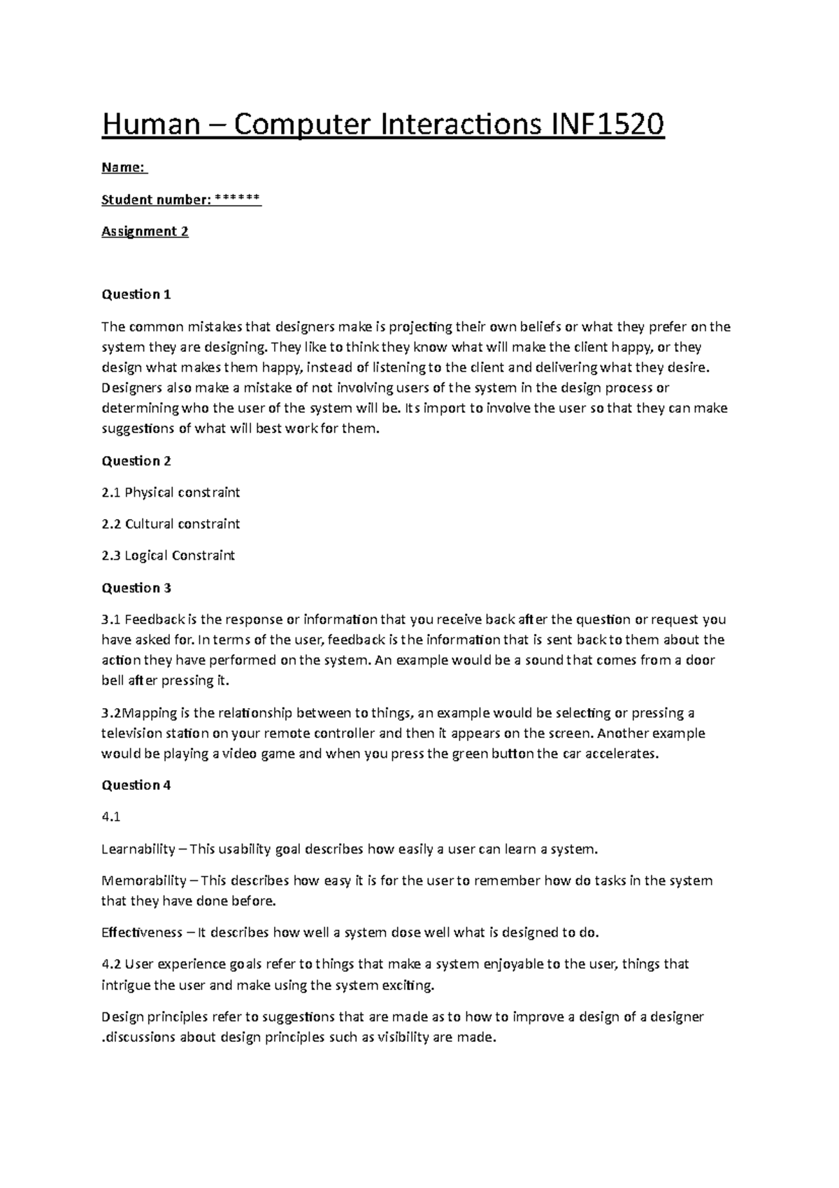 Ass2 - INF1520 ASSINGMENT 2 - Human – Computer Interactions INF Name ...