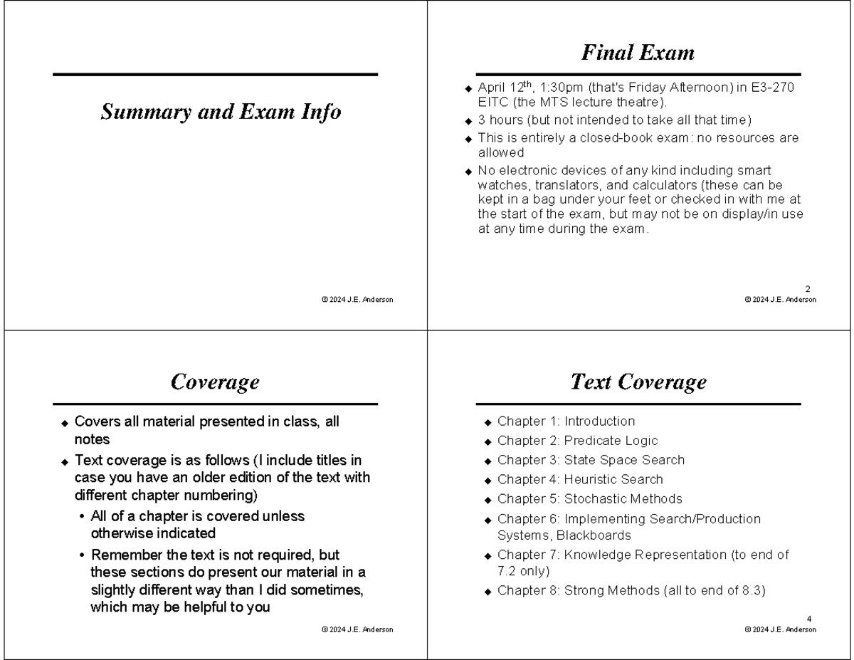 11wrapup - Lecture Slides - © 2024 J. Anderson Summary and Exam Info © 2024 J. Anderson 2 Final ...
