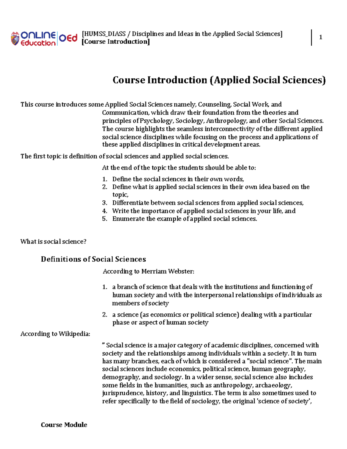 Week 001-Module Introduction - [HUMSS_DIASS / Disciplines and Ideas in ...