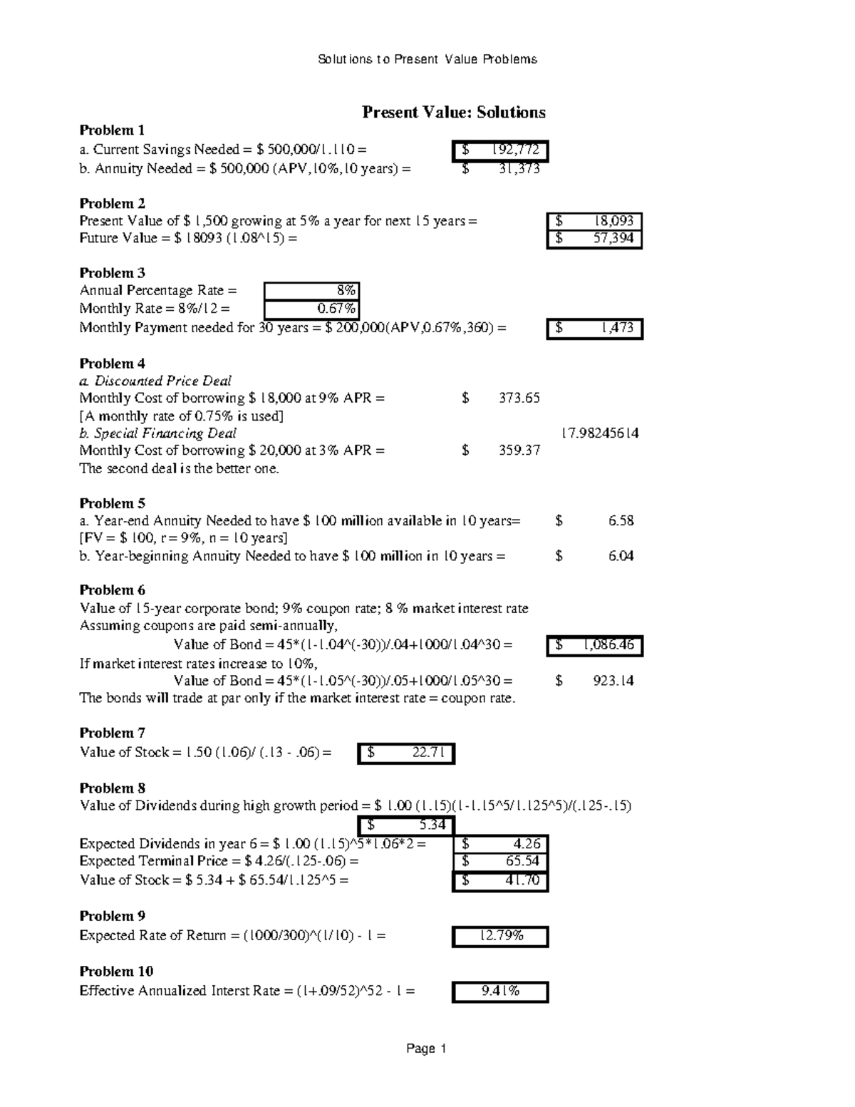 Present Value I - Answers - Present Value: Solutions Problem 1 a ...