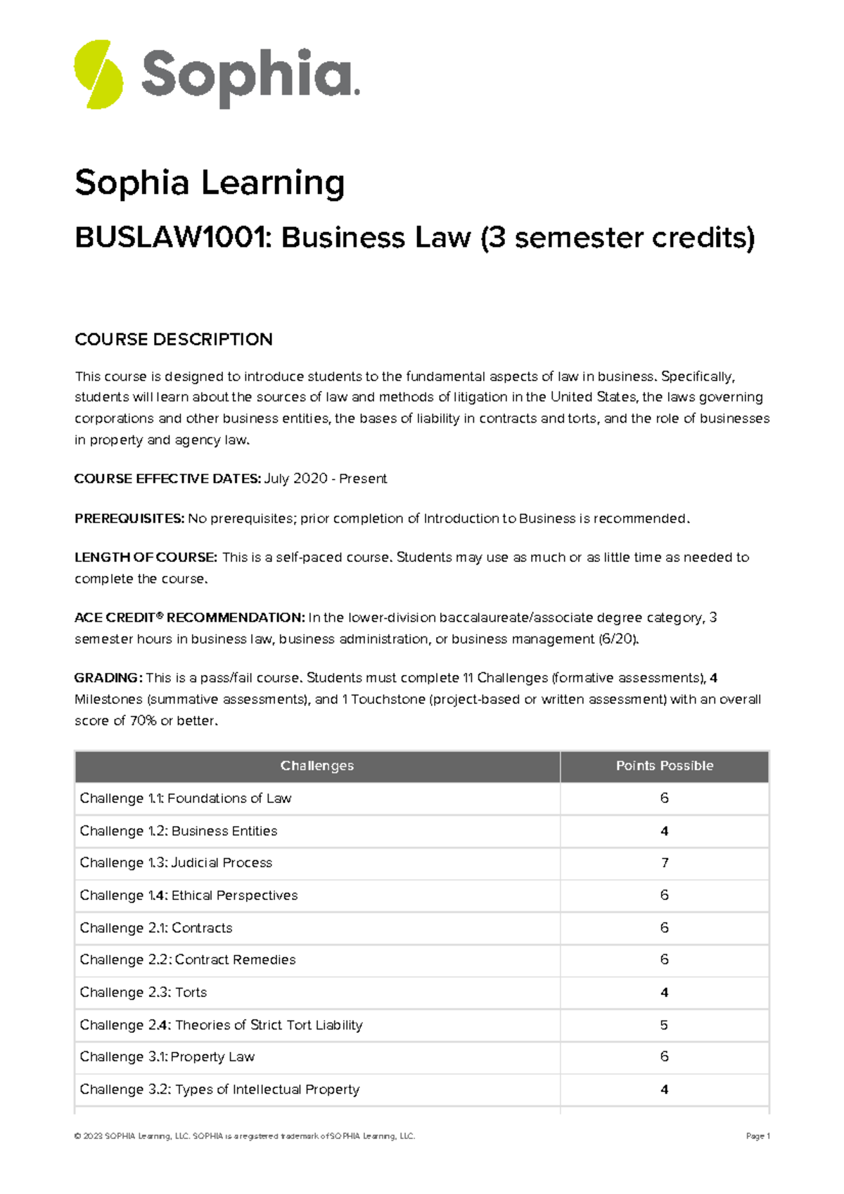 Sophia business law syllabus - Sophia Learning BUSLAW1001: Business Law ...