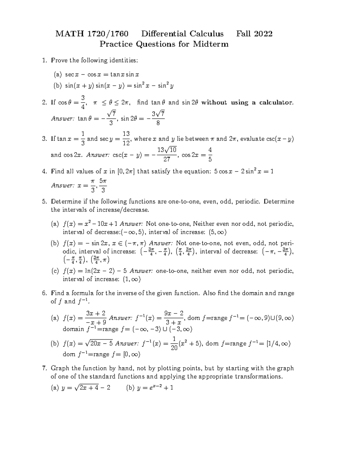 1760Practice Midterm F22 - MATH 1720/1760 Differential Calculus Fall 2022 Practice Questions for ...