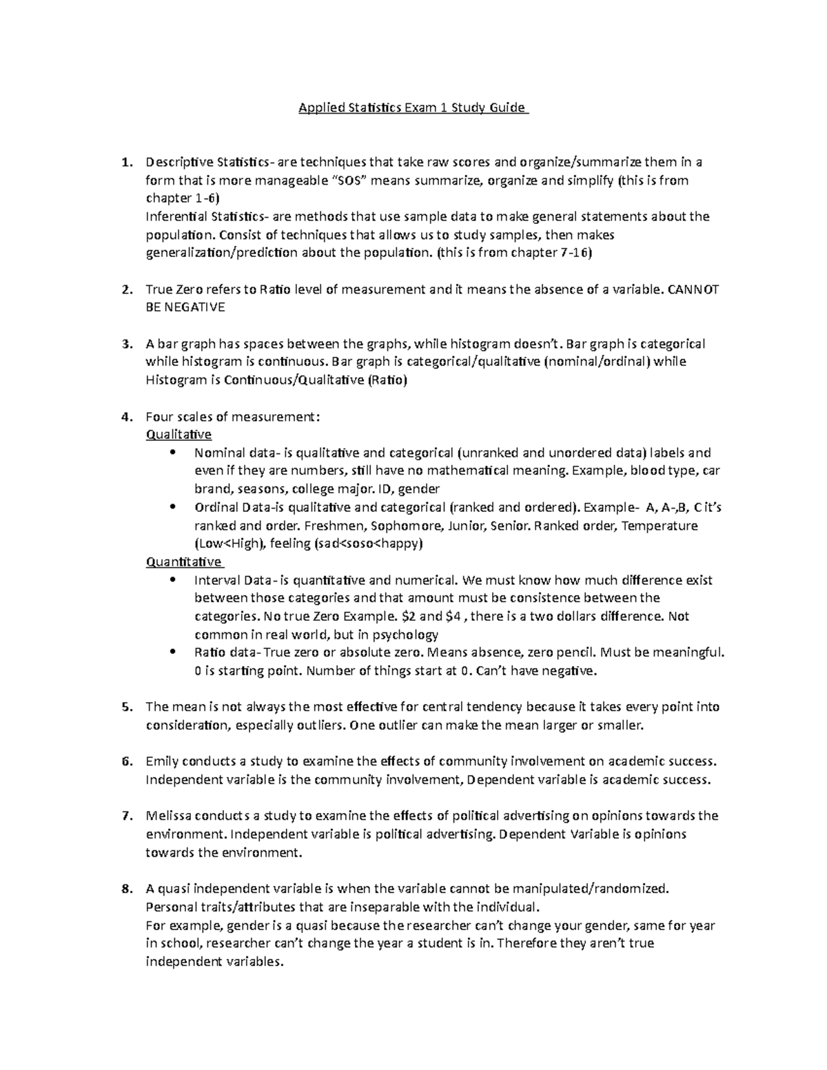 Applied Statistics Study Guide 1 - Applied Statistics Exam 1 Study ...