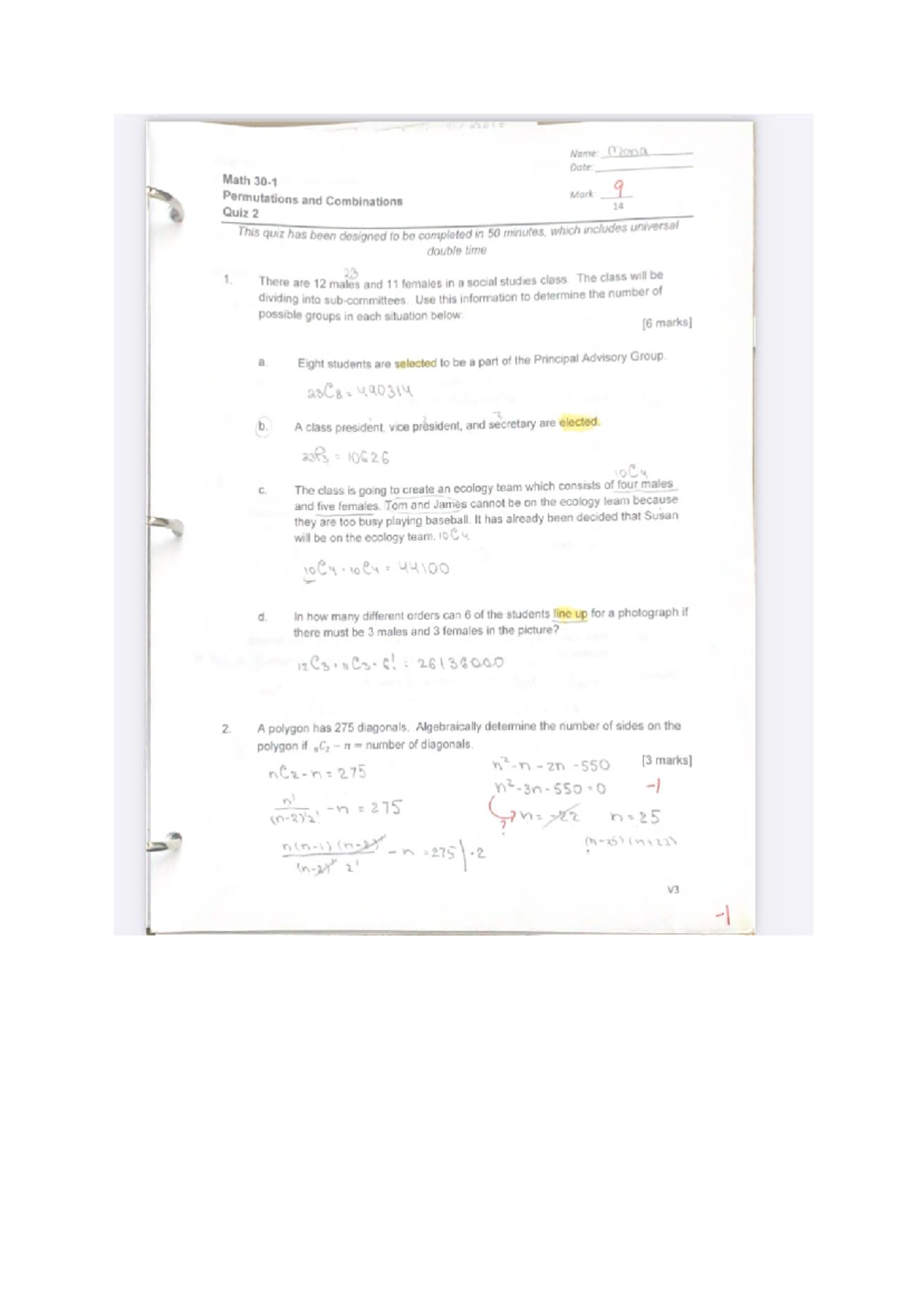 Math Quiz 2: Permutations and Combinations Overview - Name Mona Date ...