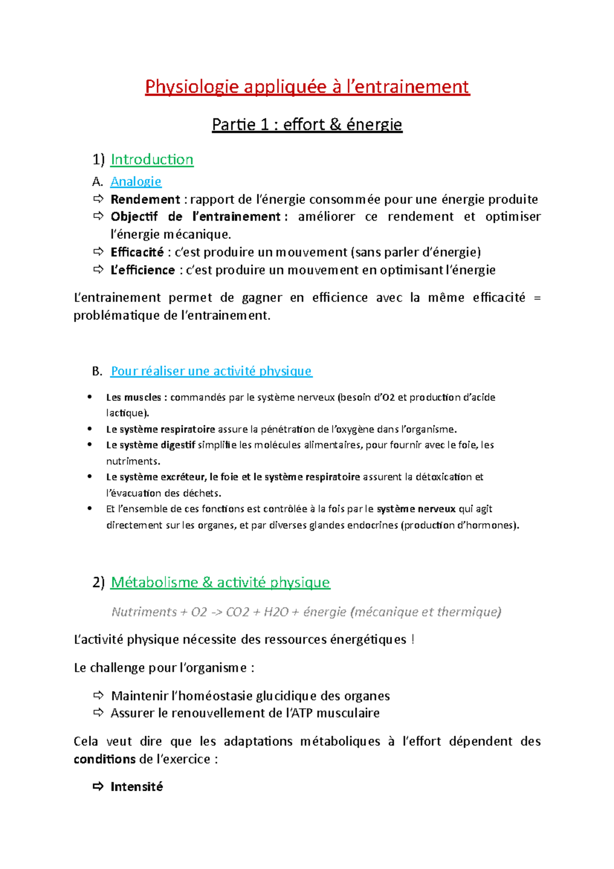 Cours utilisé - Physiologie appliquée à l’entrainement Partie 1 : effort & énergie 1) - Studocu