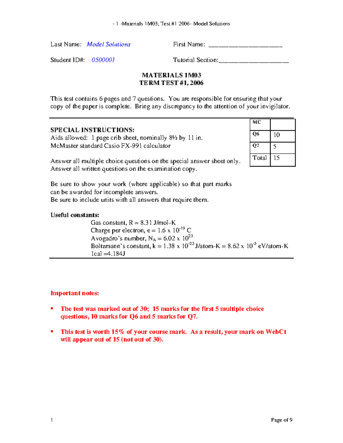 First test with Solutions - Last Name: Model Solutions First Name