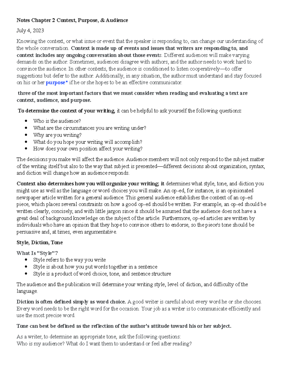 Chap 2 notes eng 122 - Copy - Notes Chapter 2 Context, Purpose ...