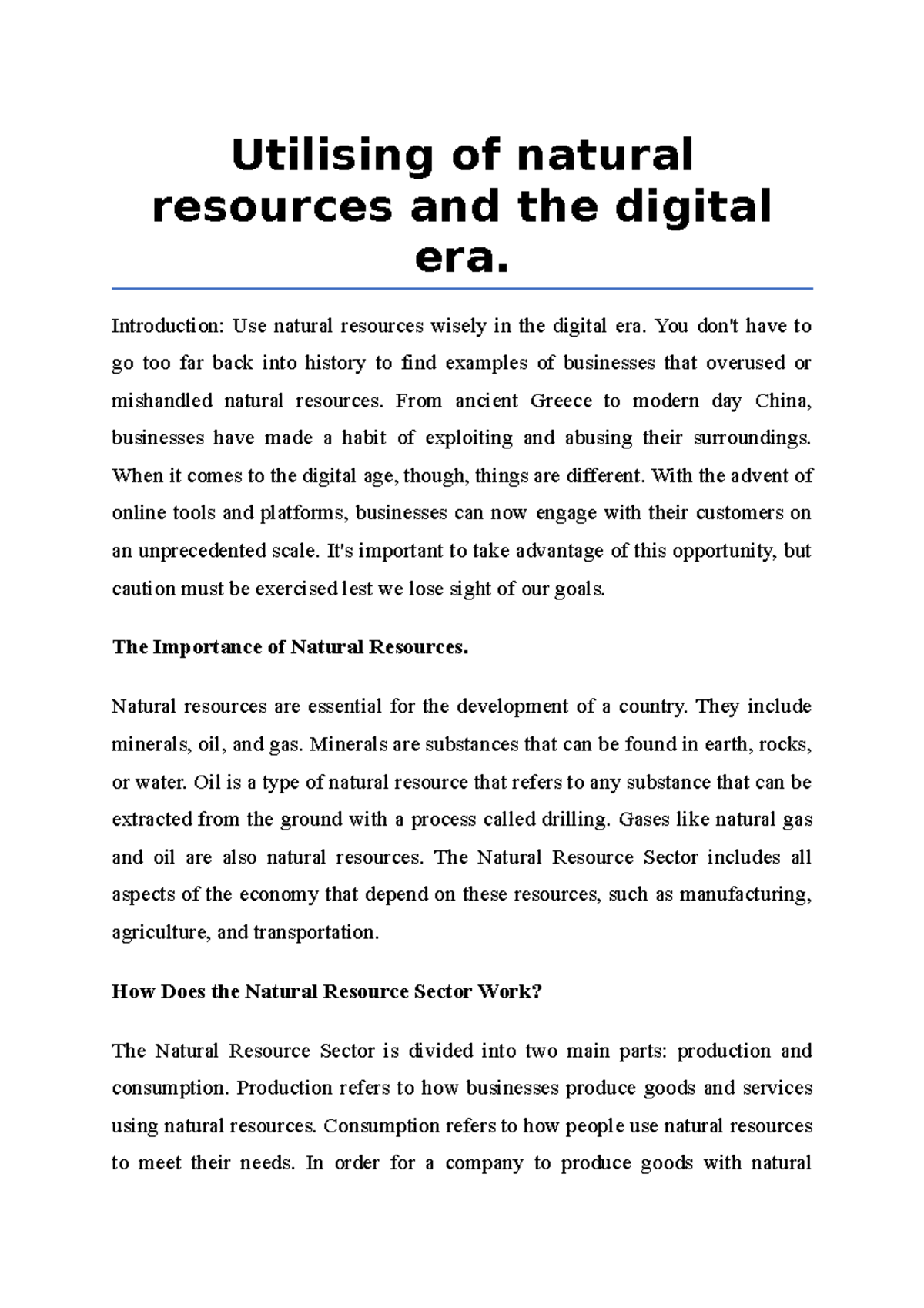 Utilising of natural resources and the digital era - Introduction: Use ...