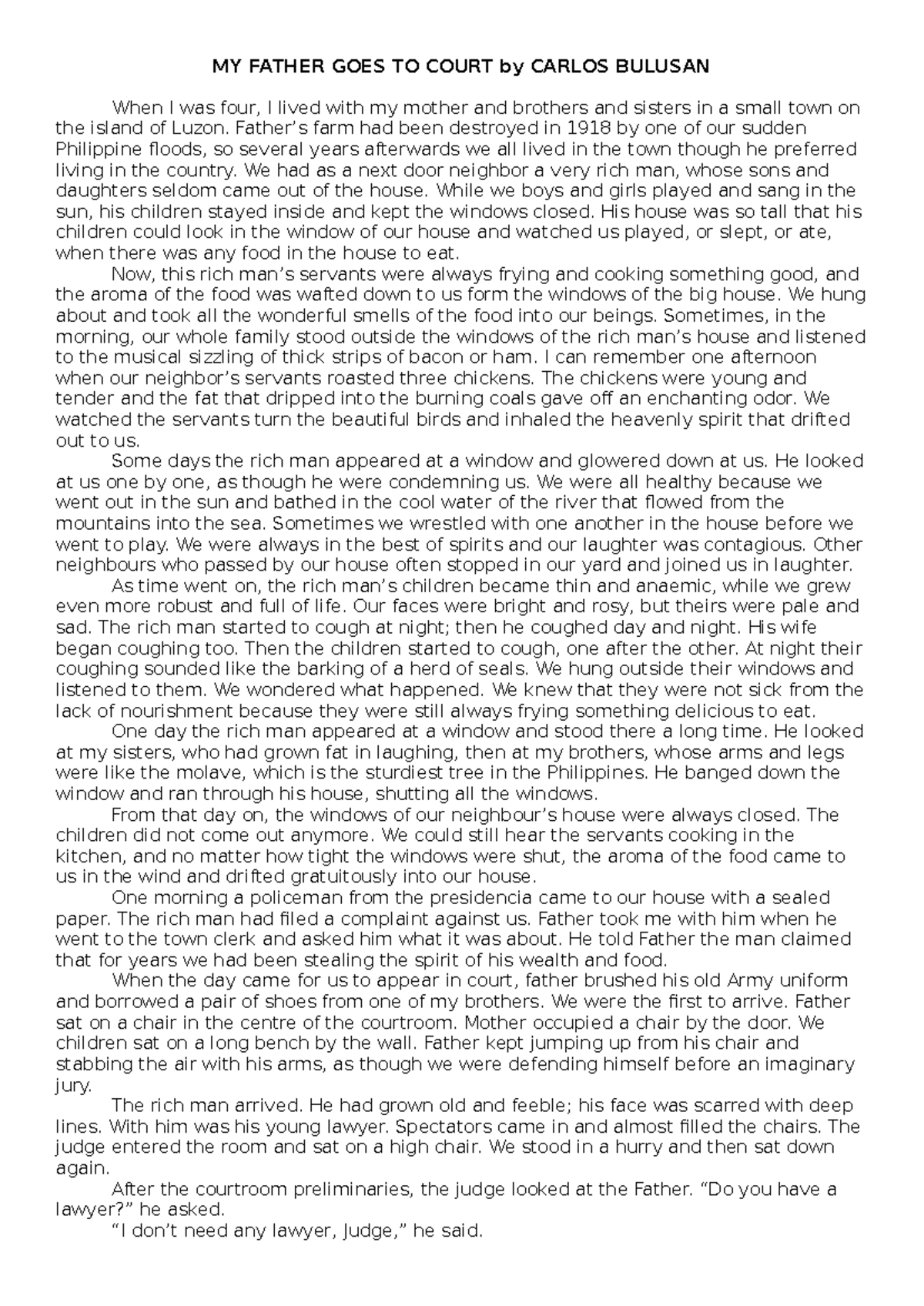 MY Father GOES TO Court by Carlos Bulusan - MY FATHER GOES TO COURT by ...