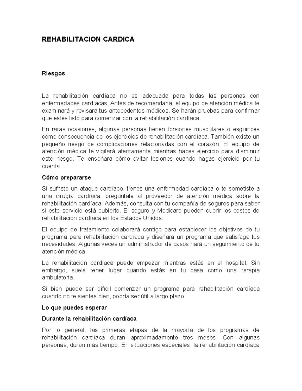 Rehabilitacion Cardica - REHABILITACION CARDICA Riesgos La ...