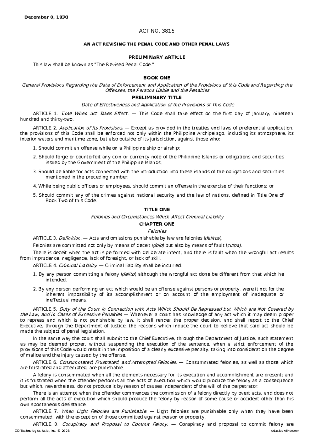 RPC - Revised Penal Code Book 1 - December 8, 1930 ACT NO. 3815 AN ACT ...
