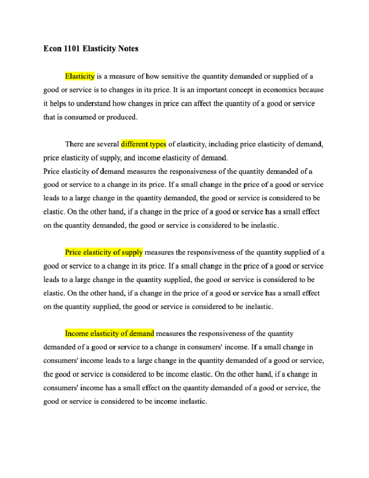 Elasticity Econ 1101 Lecture Notes Econ 1101 Elasticity Notes Elasticity Is A Measure Of How