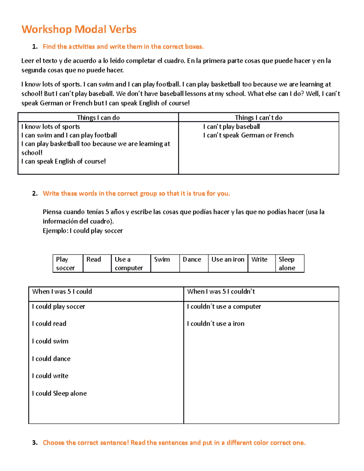 Activity modals verbs - Workshop Modal Verbs 1. Find the activities and ...