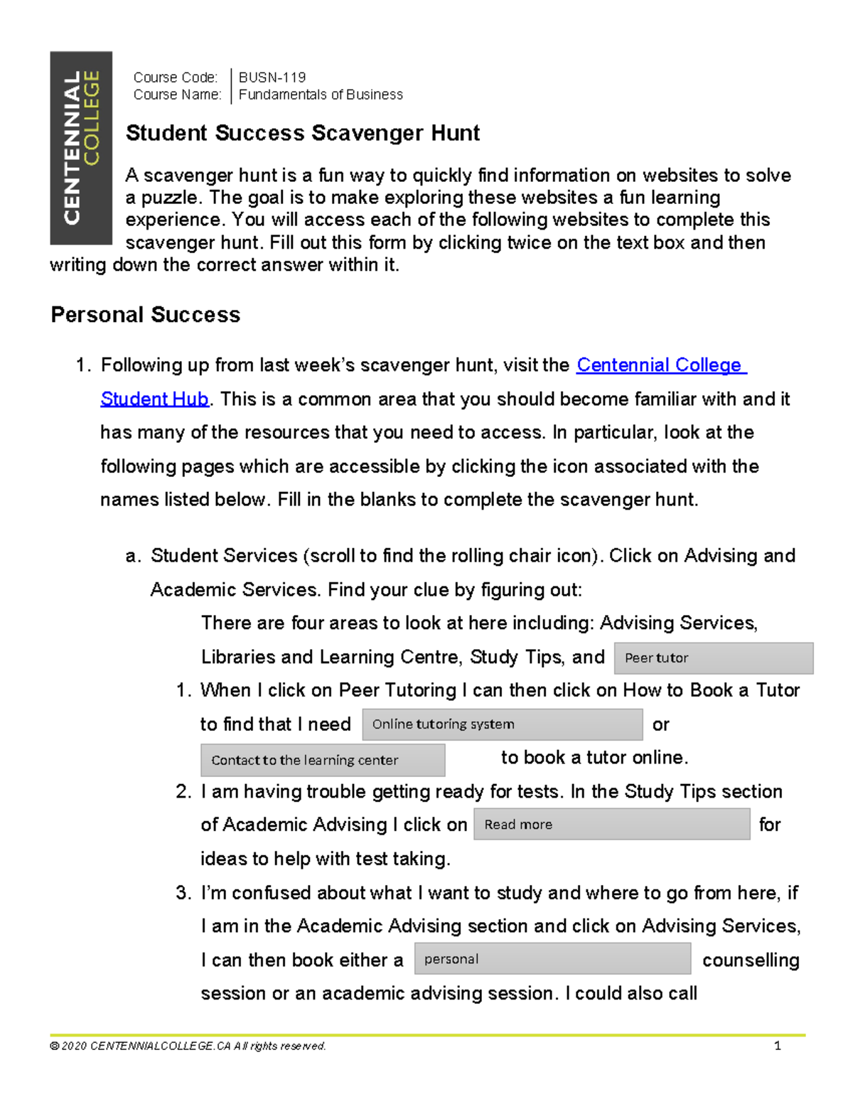 BUSN119 - Week 2 - Scavenger Hunt Personal Success Part 1 - Course Code ...