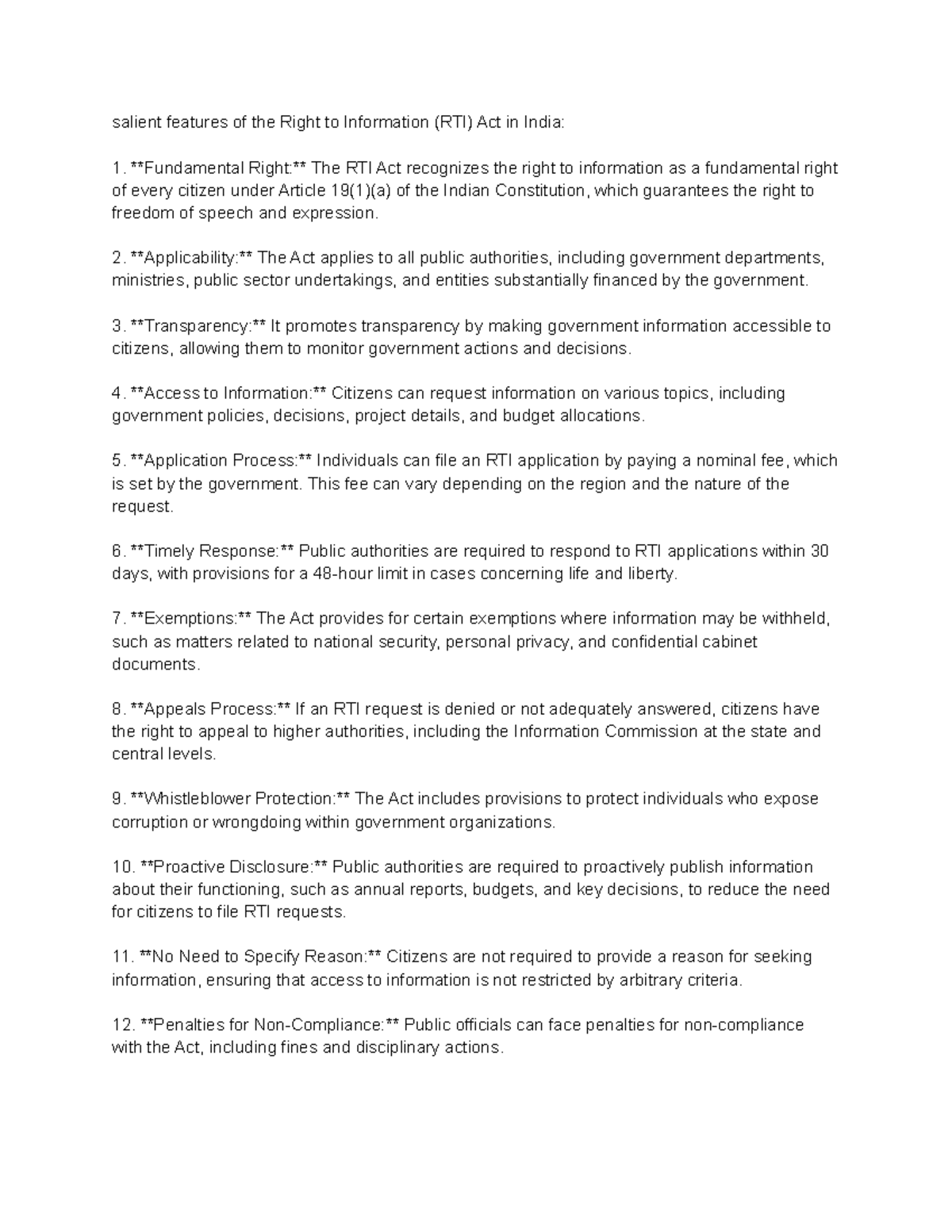 RTI Notes - salient features of the Right to Information (RTI) Act in ...