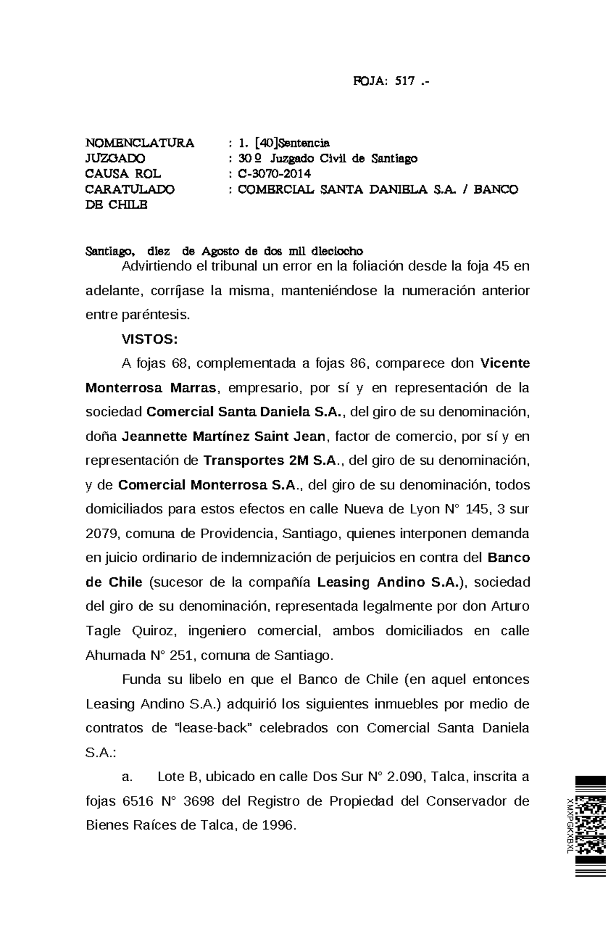 Santa+ Daniela+CON+ Banco+ Chile+ Primera 2 - FOJA: 517 .- NOMENCLATURA ...
