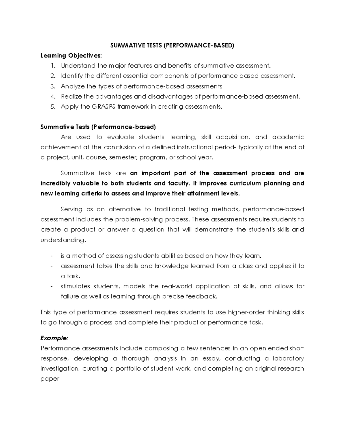 Summative Tests ( Performance- Based) - SUMMATIVE TESTS (PERFORMANCE ...