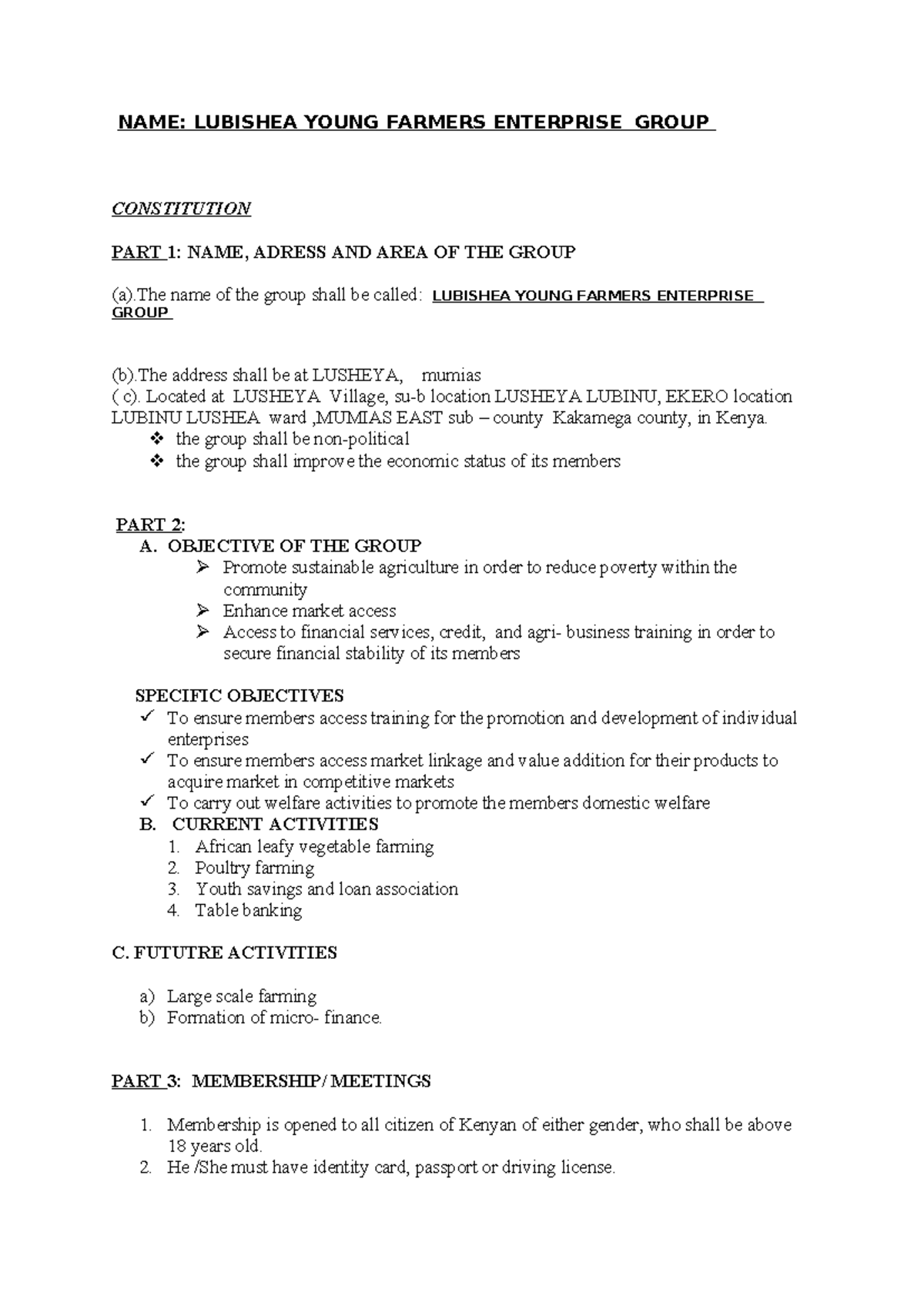 Munami RAY - useful notes - NAME: LUBISHEA YOUNG FARMERS ENTERPRISE ...