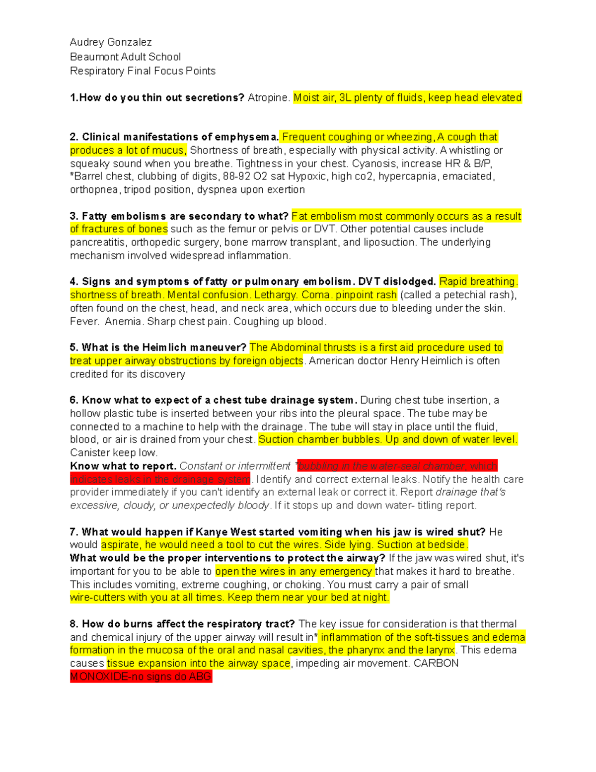 Study guide - Respiratory LVN final - Beaumont Adult School Respiratory ...