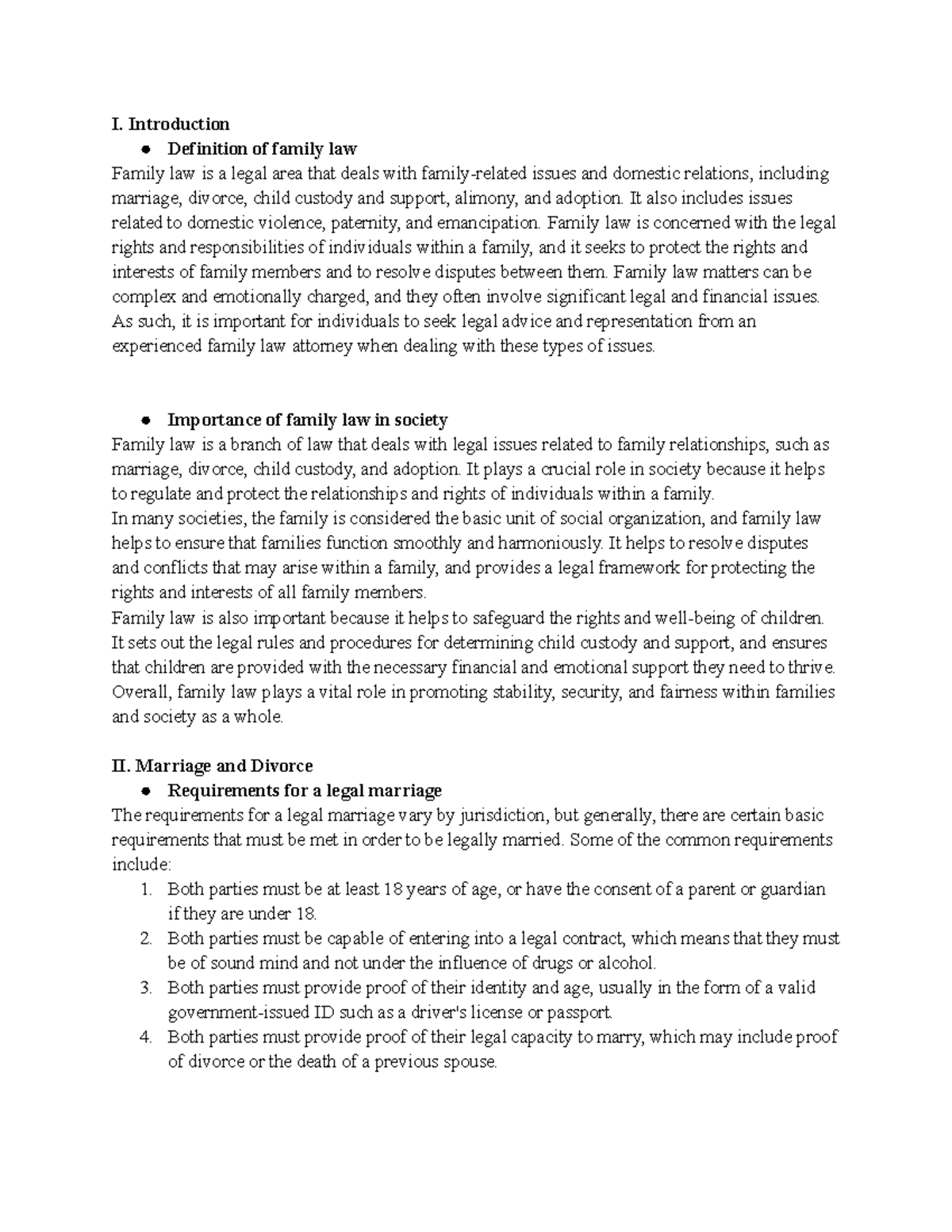 Family Law Notes - I. Introduction Definition of family law Family law ...