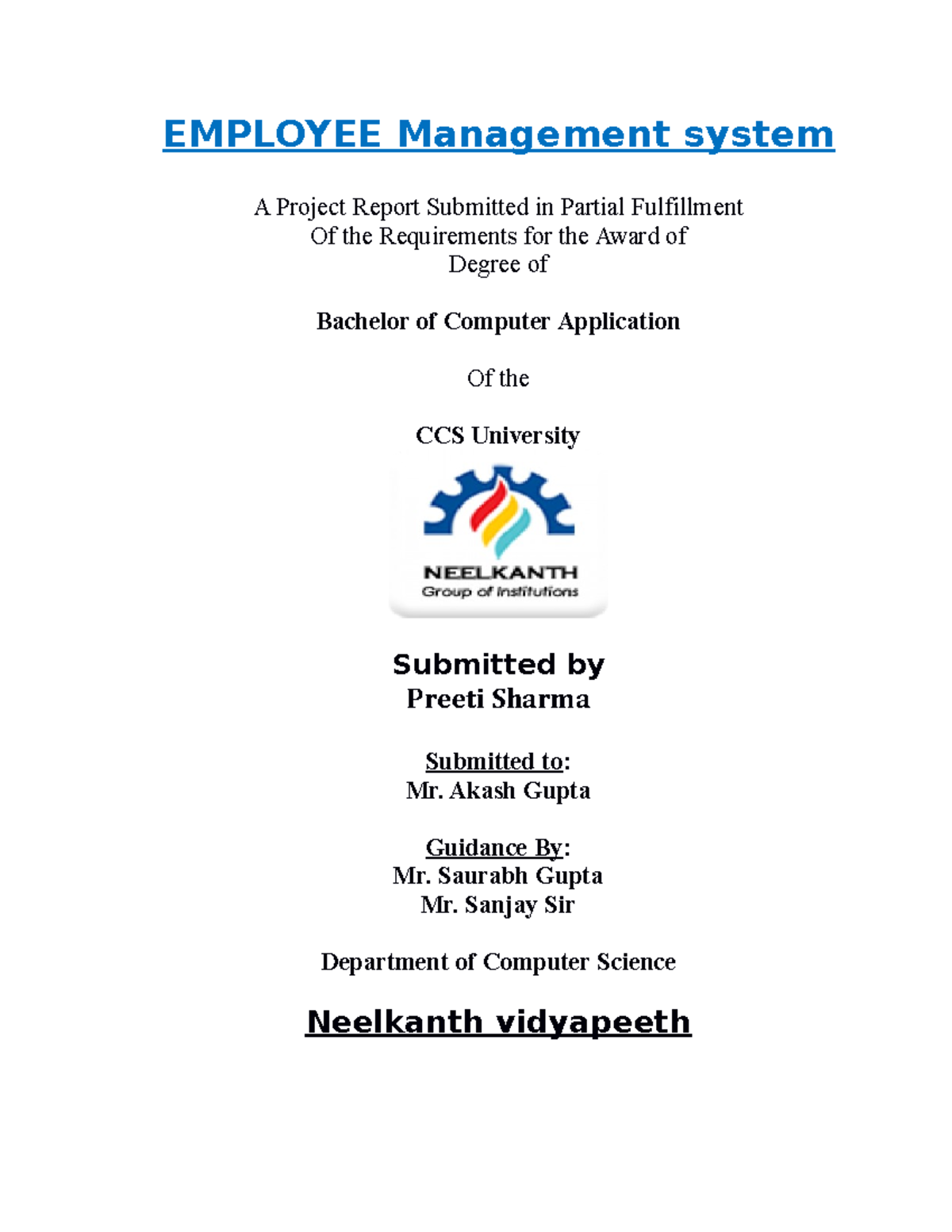 Employee Management System Synopsis - A Project Report Submitted in ...