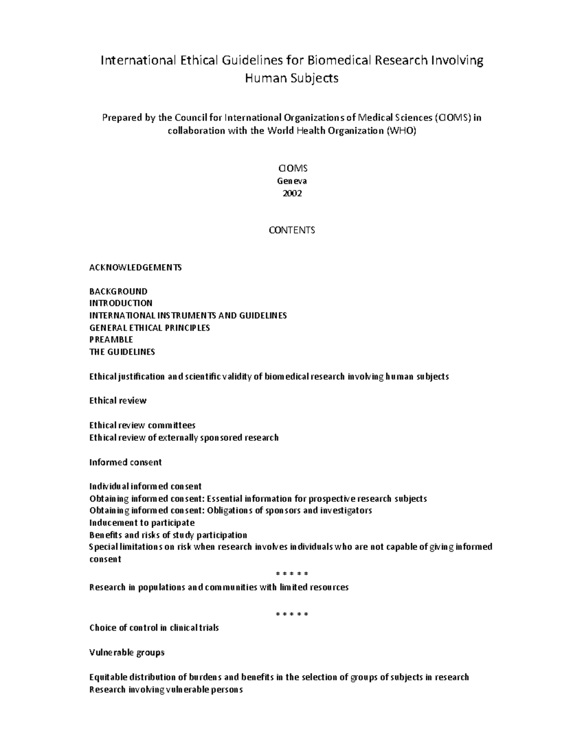 Cioms International Ethical Guidelines for Biomedical Research ...