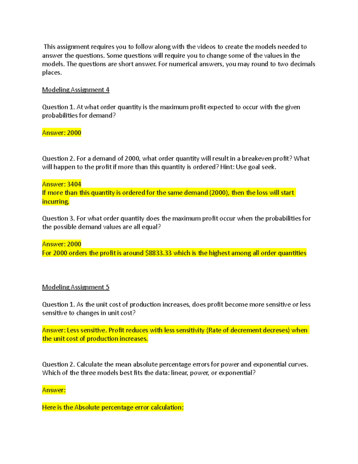 Excel Modeling Assignment Set 2 - This assignment requires you to ...