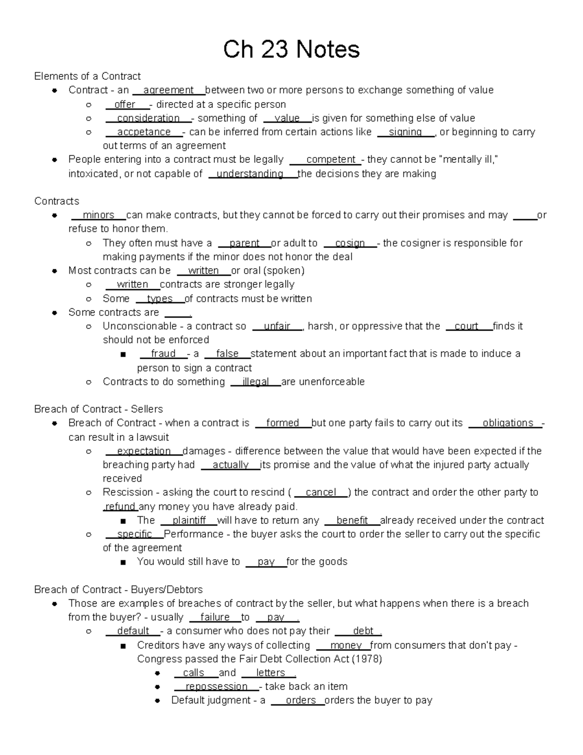 KARA Cope-Oyler - Ch 23 Notes - Ch 23 Notes Elements of a Contract ...