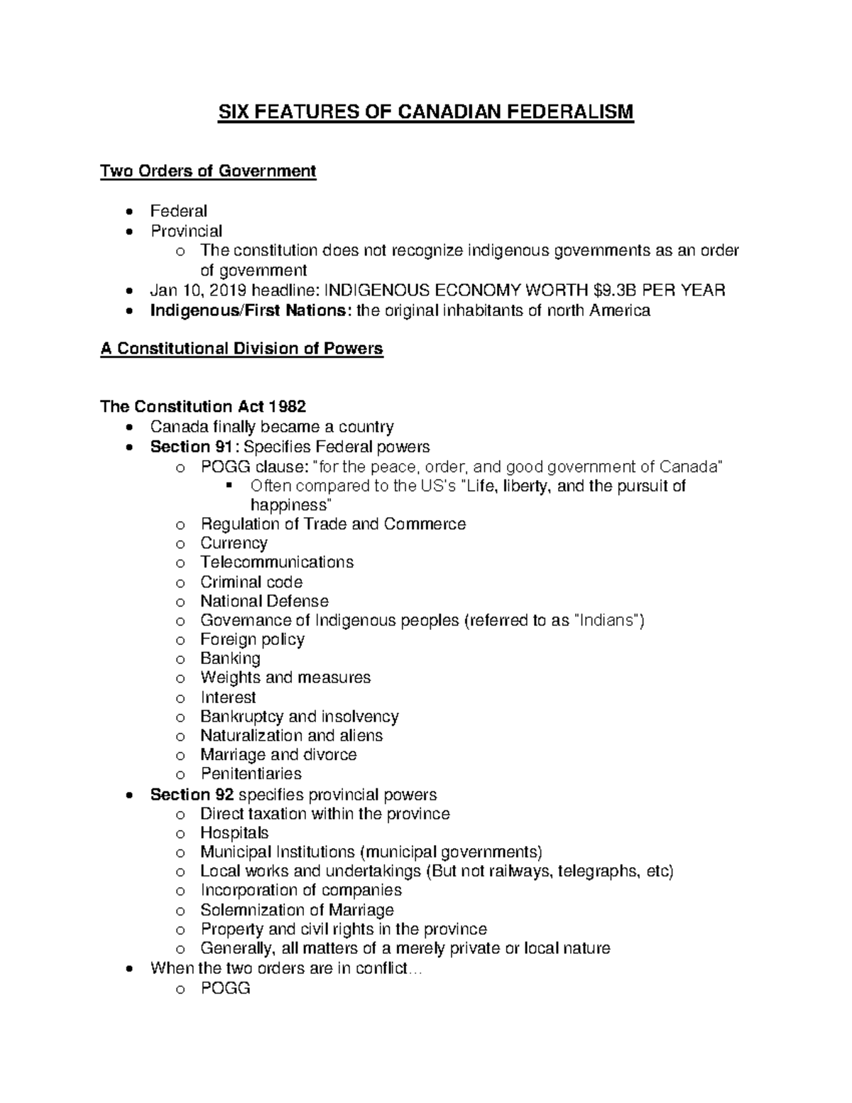 Six Features of Canadian Federalism: Lecture Notes - SIX FEATURES OF ...